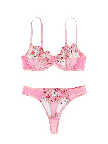 WDIRARA Women's Floral Embroidery Underwire Lingerie Set Mesh Bra and Panty Set Pink S