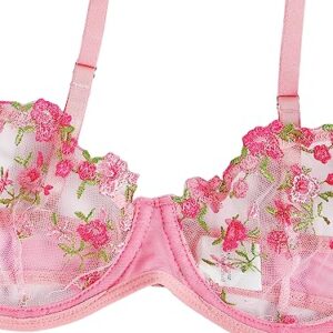 WDIRARA Women's Floral Embroidery Underwire Lingerie Set Mesh Bra and Panty Set Pink S