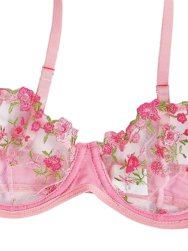 WDIRARA Women's Floral Embroidery Underwire Lingerie Set Mesh Bra and Panty Set Pink S