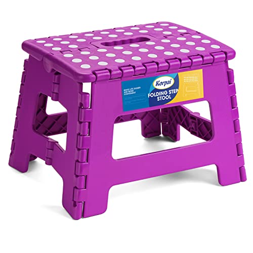 Korpai 9" Folding Step Stool for Adults and Kids Holds Up to 300 lbs,Non-Slip Folding Stools with Portable Handle, Compact Plastic Foldable Step Stool for Bathroom,Bedroom, Kitchen,Purple,1PC