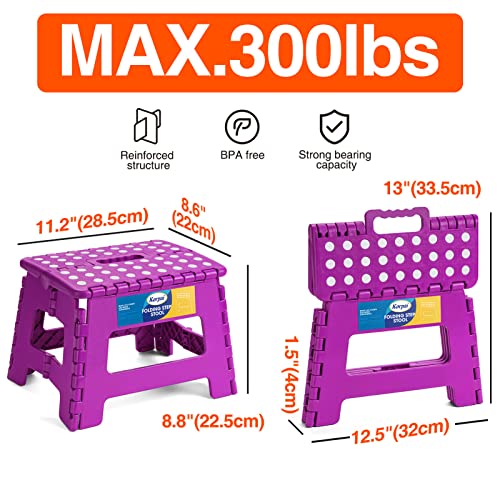 Korpai 9" Folding Step Stool for Adults and Kids Holds Up to 300 lbs,Non-Slip Folding Stools with Portable Handle, Compact Plastic Foldable Step Stool for Bathroom,Bedroom, Kitchen,Purple,1PC