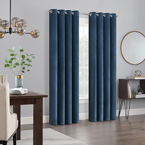 Eclipse Aurelia Velvet Room Darkening Grommet Noise Reduction Window Curtains (2 Panels), 52 in x 84 in, Navy