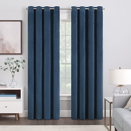 Eclipse Aurelia Velvet Room Darkening Grommet Noise Reduction Window Curtains (2 Panels), 52 in x 84 in, Navy