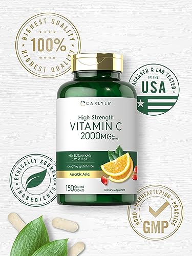 Vitamin C 2000mg | with Rose Hips | 150 Caplets | Vegetarian, Non-GMO, Gluten Free Supplement | by Carlyle