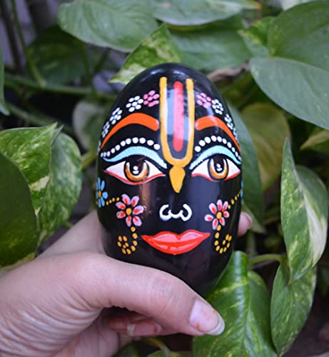 Laddu Gopal Shaligram Stone with Beautiful Design Painted on it Black~I-5574