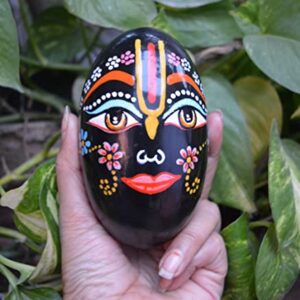 Laddu Gopal Shaligram Stone with Beautiful Design Painted on it Black~I-5574