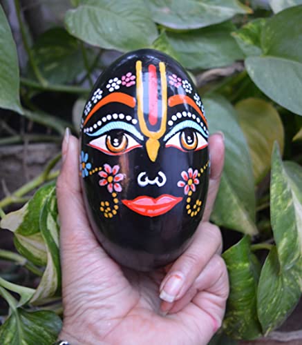 Laddu Gopal Shaligram Stone with Beautiful Design Painted on it Black~I-5574