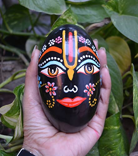 Laddu Gopal Shaligram Stone with Beautiful Design Painted on it Black~I-5574