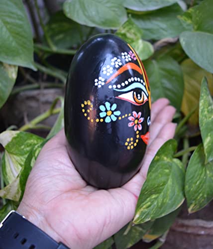 Laddu Gopal Shaligram Stone with Beautiful Design Painted on it Black~I-5574