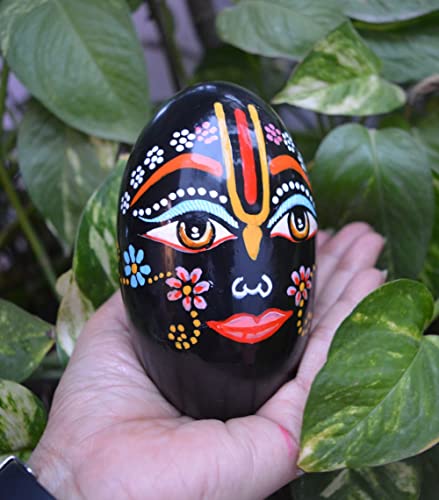 Laddu Gopal Shaligram Stone with Beautiful Design Painted on it Black~I-5574