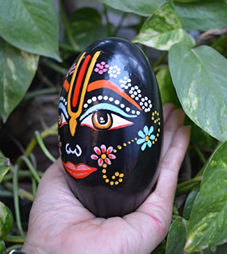 Laddu Gopal Shaligram Stone with Beautiful Design Painted on it Black~I-5574