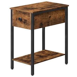 hoobro side table, 2-tier nightstand with drawer, narrow end table for small spaces, stable and sturdy construction, coffee table with metal frame, rustic brown and black bf048bz01