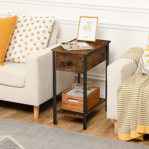 HOOBRO Side Table, 2-Tier Nightstand with Drawer, Narrow End Table for Small Spaces, Stable and Sturdy Construction, Coffee Table with Metal Frame, Rustic Brown and Black BF048BZ01