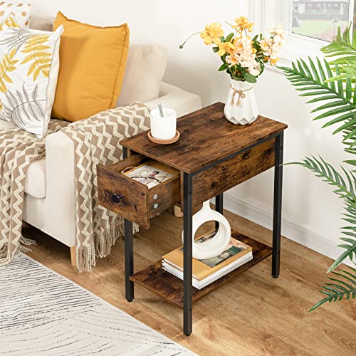 HOOBRO Side Table, 2-Tier Nightstand with Drawer, Narrow End Table for Small Spaces, Stable and Sturdy Construction, Coffee Table with Metal Frame, Rustic Brown and Black BF048BZ01