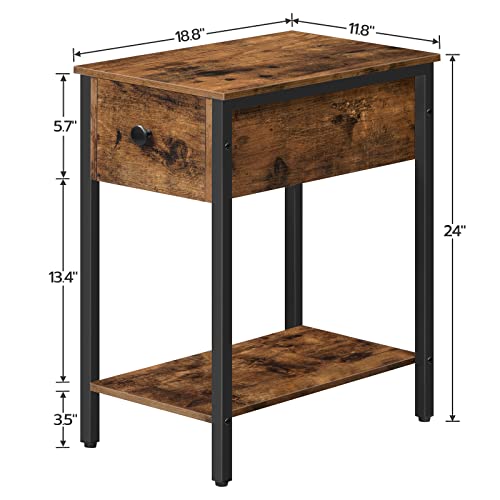 HOOBRO Side Table, 2-Tier Nightstand with Drawer, Narrow End Table for Small Spaces, Stable and Sturdy Construction, Coffee Table with Metal Frame, Rustic Brown and Black BF048BZ01