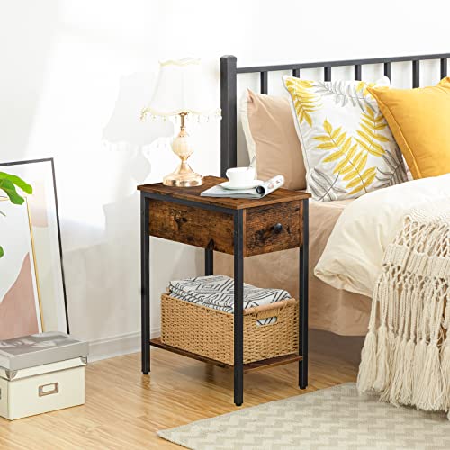 HOOBRO Side Table, 2-Tier Nightstand with Drawer, Narrow End Table for Small Spaces, Stable and Sturdy Construction, Coffee Table with Metal Frame, Rustic Brown and Black BF048BZ01