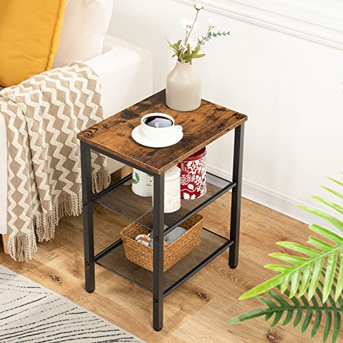 HOOBRO End Table, Nightstand with 2-Tier Mesh Shelves, Side Table for Living Room, Bedroom, Industrial, Stable Steel Frame, Easy Assembly, Rustic Brown BF21BZ01