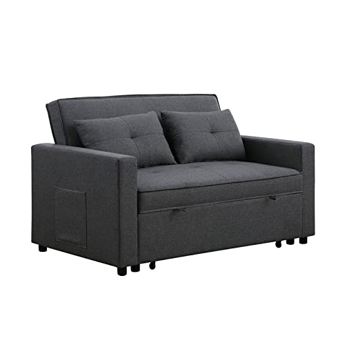 BOWERY HILL Dark Gray Linen Fabric 3-in-1 Convertible Sleeper Loveseat with Side Pocket