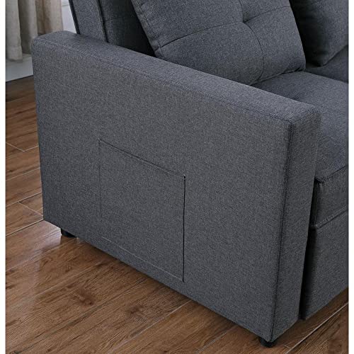 BOWERY HILL Dark Gray Linen Fabric 3-in-1 Convertible Sleeper Loveseat with Side Pocket