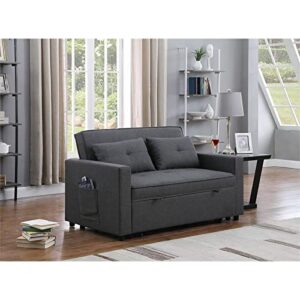 BOWERY HILL Dark Gray Linen Fabric 3-in-1 Convertible Sleeper Loveseat with Side Pocket