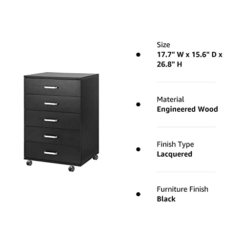 TUSY 5-Drawer Chest, Storage Dresser Cabinet with Wheels, Black