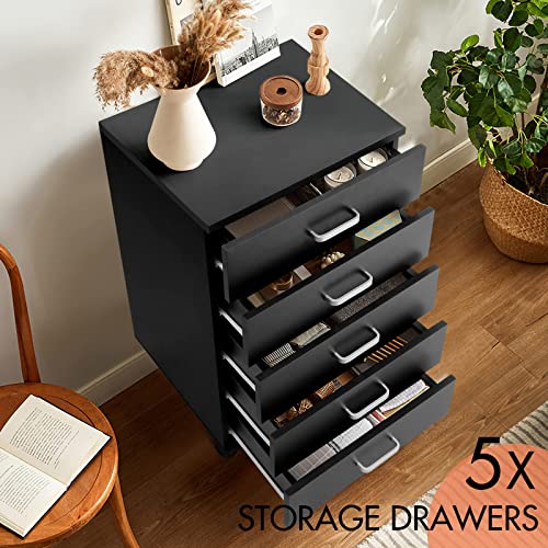 TUSY 5-Drawer Chest, Storage Dresser Cabinet with Wheels, Black