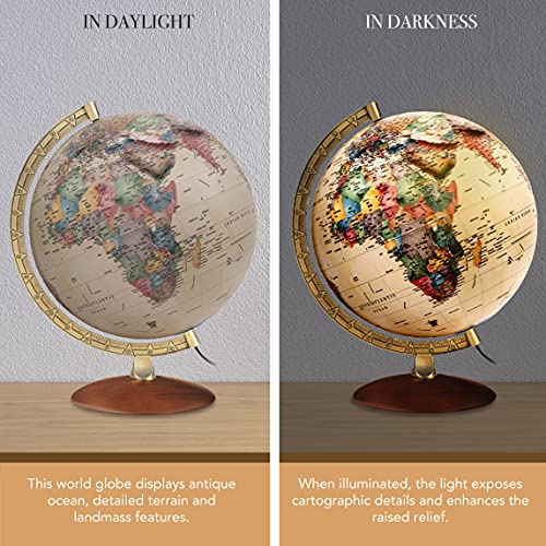 Waypoint Geographic Athens Relief Globe, 12" Illuminated Antique Ocean-Style World Globe with Raised Relief, Up-to-Date Reference Globe, Decorative Globe for Home and Office Decor