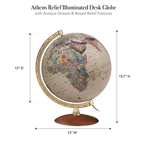 Waypoint Geographic Athens Relief Globe, 12" Illuminated Antique Ocean-Style World Globe with Raised Relief, Up-to-Date Reference Globe, Decorative Globe for Home and Office Decor