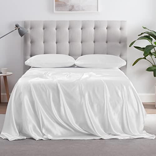 Serta SatinLuxury 4pc Soft Lightweight Deep Pocket Bedding Silky Satin Sheet Set with Pillowcases, Queen, White