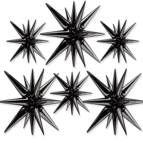 PartyWoo Star Balloons 6 pcs, One-Piece 14-pointed Star Explosion Balloons with Ribbon, Black Point Star Foil Balloons, Large Mylar Balloons Fireworks Shape for Birthday Retirement (27 & 22 inch)