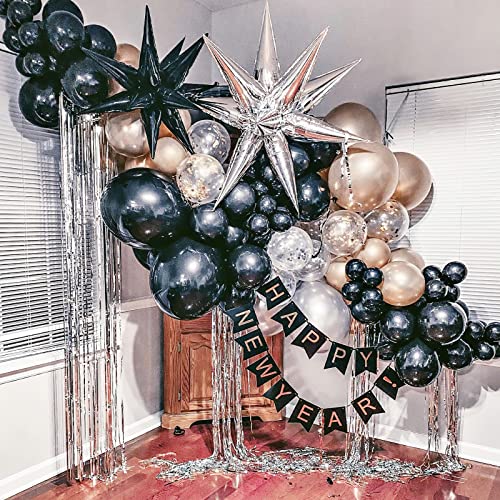 PartyWoo Star Balloons 6 pcs, One-Piece 14-pointed Star Explosion Balloons with Ribbon, Black Point Star Foil Balloons, Large Mylar Balloons Fireworks Shape for Birthday Retirement (27 & 22 inch)