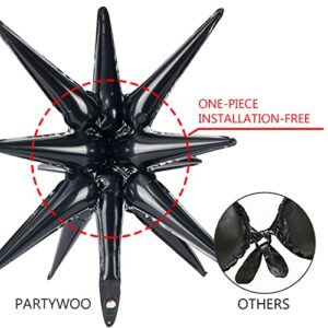 PartyWoo Star Balloons 6 pcs, One-Piece 14-pointed Star Explosion Balloons with Ribbon, Black Point Star Foil Balloons, Large Mylar Balloons Fireworks Shape for Birthday Retirement (27 & 22 inch)