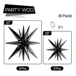 PartyWoo Star Balloons 6 pcs, One-Piece 14-pointed Star Explosion Balloons with Ribbon, Black Point Star Foil Balloons, Large Mylar Balloons Fireworks Shape for Birthday Retirement (27 & 22 inch)