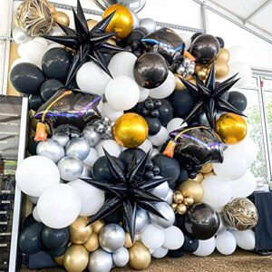 PartyWoo Star Balloons 6 pcs, One-Piece 14-pointed Star Explosion Balloons with Ribbon, Black Point Star Foil Balloons, Large Mylar Balloons Fireworks Shape for Birthday Retirement (27 & 22 inch)