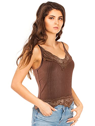 2 Pcs Women Lace Patchwork Crop Top Fairy Grunge Style Cropped Tees Y2k E Girls Clothes Cami Ribbed Knitted Tank Tops(Brown, Black,Small)