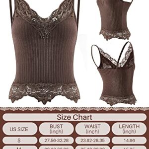 2 Pcs Women Lace Patchwork Crop Top Fairy Grunge Style Cropped Tees Y2k E Girls Clothes Cami Ribbed Knitted Tank Tops(Brown, Black,Small)