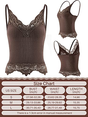 2 Pcs Women Lace Patchwork Crop Top Fairy Grunge Style Cropped Tees Y2k E Girls Clothes Cami Ribbed Knitted Tank Tops(Brown, Black,Small)