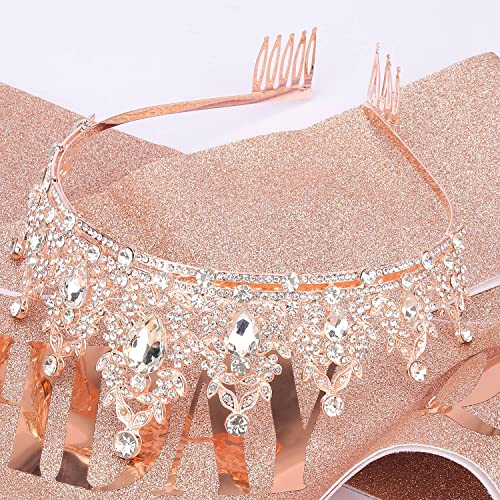 Birthday Queen Sash & Crystal Tiara Kit, Didder Rhinestones Crown Glitter Birthday Sash Birthday Crowns for Women Girls Birthday Tiaras for Women Hair Accessories for Prom Party Gift (Rose Gold)