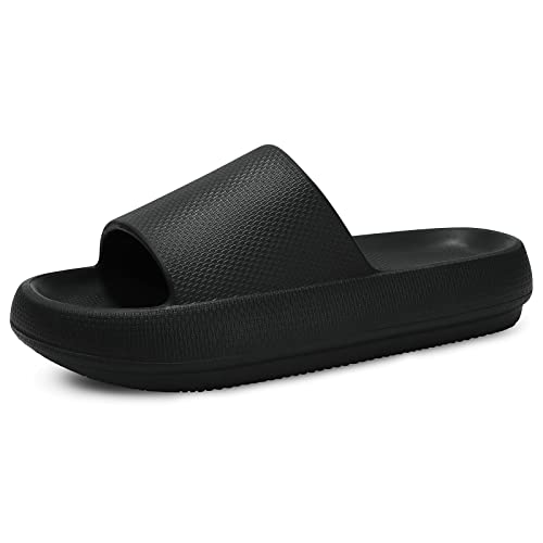 welltree Slides for Women Men Pillow Slippers Non-Slip Bathroom Shower Sandals Soft Thick Sole Indoor and Outdoor Slides,Black,7.5-8.5 Women/6-7 Men