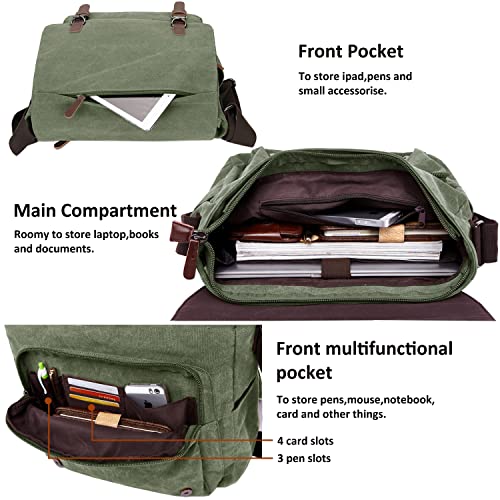 Canvas Messenger Bag for Men Women,Travel Satchel Shoulder bag 15.6 Inch Laptop Bag briefcase Business (Green)