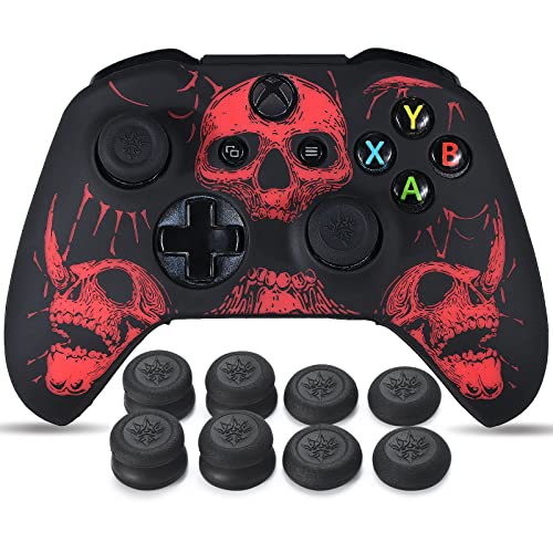 YoRHa Laser Carving Silicone Skin for Xbox One S/X Controller x 1(Skulls Red) with Exclusive Thumb Grips x 8