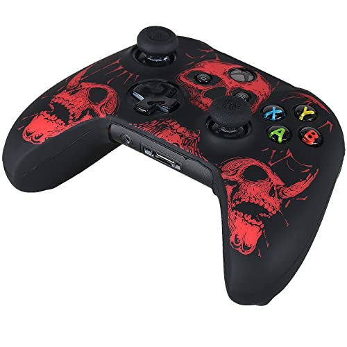 YoRHa Laser Carving Silicone Skin for Xbox One S/X Controller x 1(Skulls Red) with Exclusive Thumb Grips x 8