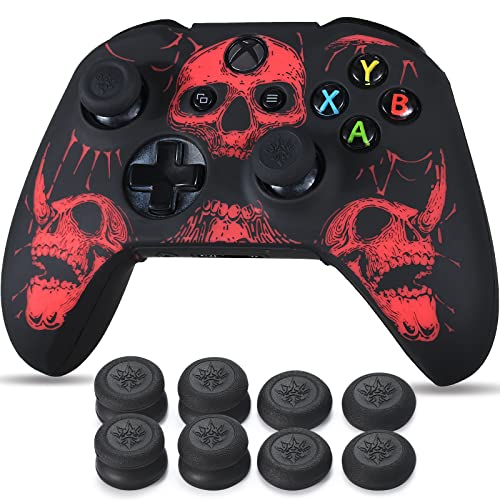 YoRHa Laser Carving Silicone Skin for Xbox One S/X Controller x 1(Skulls Red) with Exclusive Thumb Grips x 8