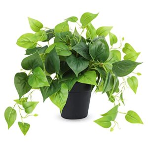 jpsor faux plants for home décor, small indoor fake/artificial potted plants pothos with black plastic pot for outdoor living room bedroom office garden