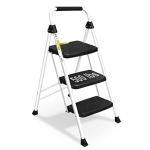 soctone 3 step ladder, folding step stool for adults with handle, lightweight, perfect for kitchen& household, 500lbs capacity sturdy steel ladder white