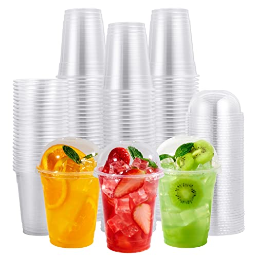 FOCUSLINE 200 PACK 12oz Clear Plastic Cups, Disposable Cold Drinking Cups, 12 Ounce Clear Cups with Dome Lids with Holes for Smoothie, Milkshake, Bubble Tea, Parfait