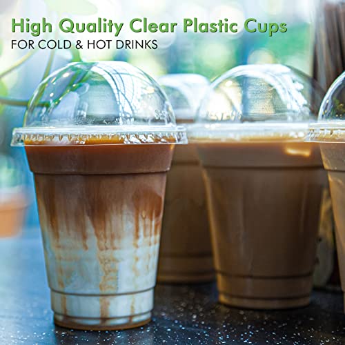 FOCUSLINE 200 PACK 12oz Clear Plastic Cups, Disposable Cold Drinking Cups, 12 Ounce Clear Cups with Dome Lids with Holes for Smoothie, Milkshake, Bubble Tea, Parfait