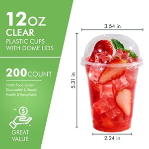 FOCUSLINE 200 PACK 12oz Clear Plastic Cups, Disposable Cold Drinking Cups, 12 Ounce Clear Cups with Dome Lids with Holes for Smoothie, Milkshake, Bubble Tea, Parfait