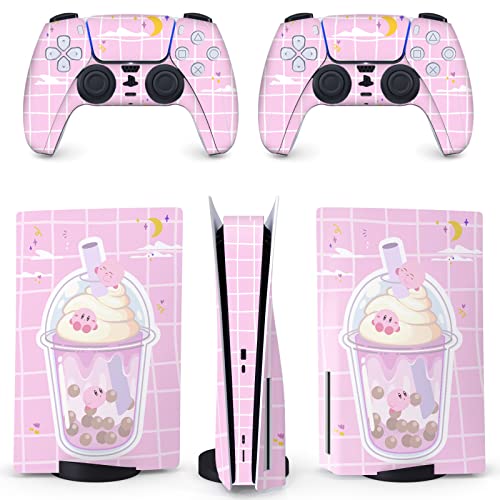 BelugaDesign Kirby Boba Skin PS5 | Anime Bubble Tea Smash Dessert | Cute Kawaii Pastel Vinyl Cover Wrap Sticker Full Set Console Controller | Compatible with Sony Playstation 5 (PS5 Disc, Pink)