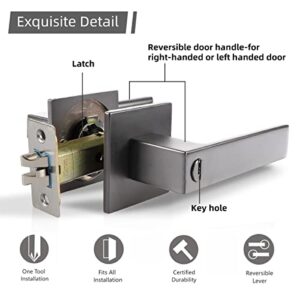 TooCust Square Front Door Handle with Lock, Heavy Duty Door Lock with Key, Grey Door Levers, Front Door Lock for Exterior/Interior, Left/Right Hand Reversible, 1 Pack